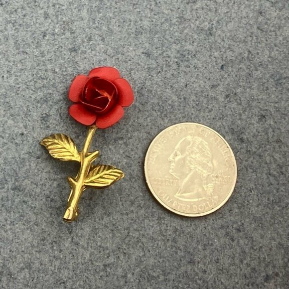 Jewelry | Red Rose Pin Brooch 3d Flower Gold Leaves Stem Retro Vintage ...